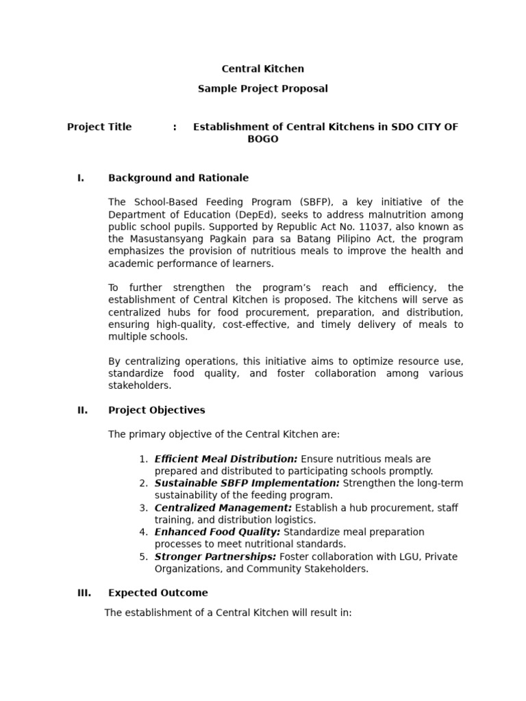 Central Kitchen Project Proposal SAMPLE | PDF | Malnutrition | Procurement