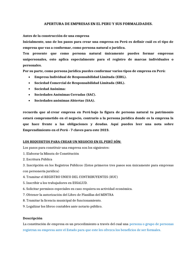 Requisitos para abrir una empresa en Perú | PDF | Negocios económicos ...