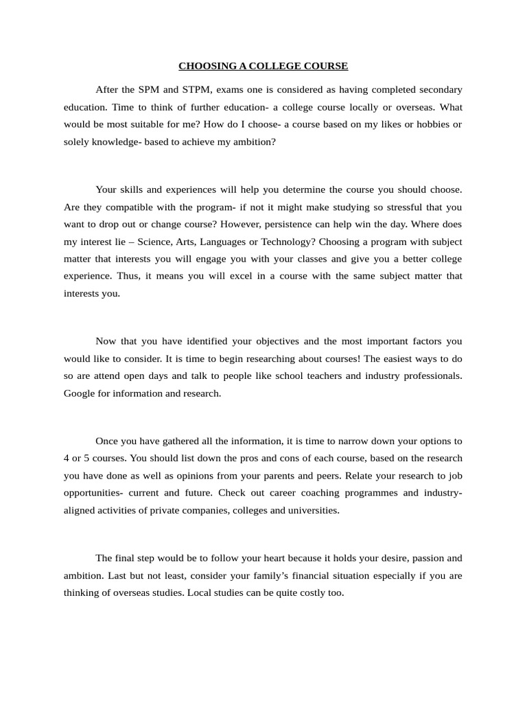 Choosing A College Course | PDF