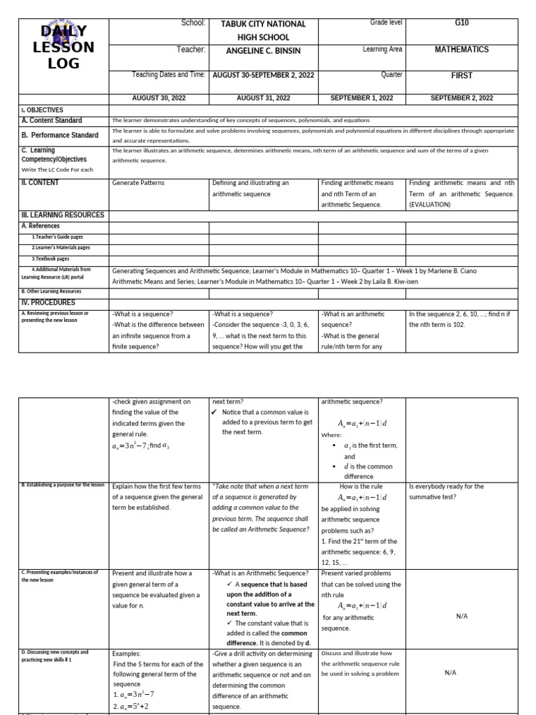 DLL Week 1 Quarter 1 Math 10 | PDF | Sequence | Arithmetic