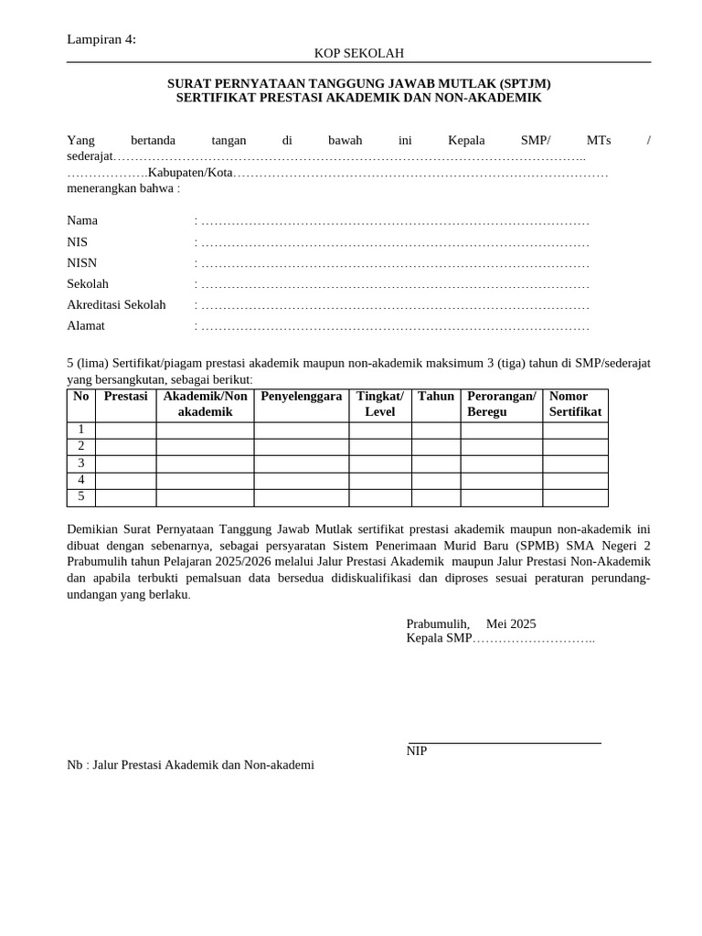 SPTJM Sertifikat Prestasi Akademik Dan Non Akademik | PDF
