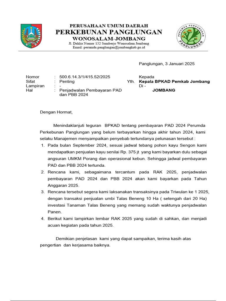 03-01-2025 - Penjadwalan Pembayaran PAD Dan PBB 2024 (Naskah Tembusan) | PDF