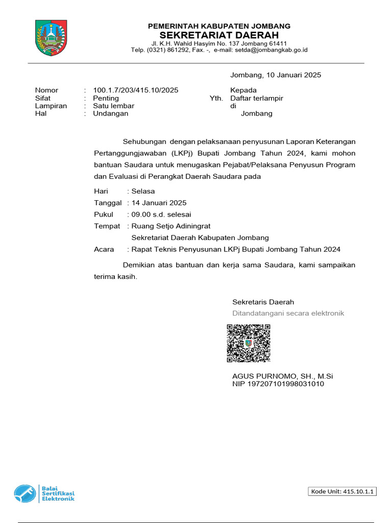 10-01-2025_Undangan Rapat Teknis Penyusunan LKPj Bupati Jombang Tahun 2024 | PDF