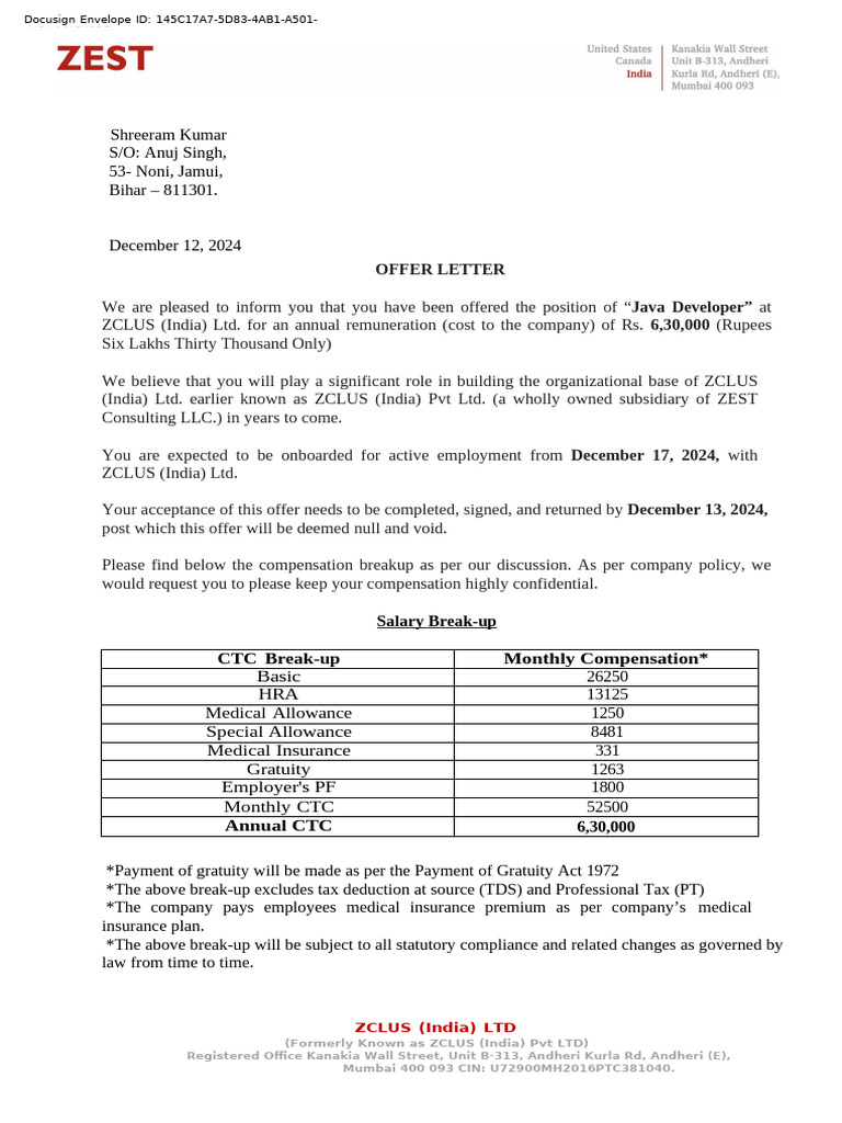 Offer Letter for Java Developer at ZCLUS | PDF | Gratuity | Taxes