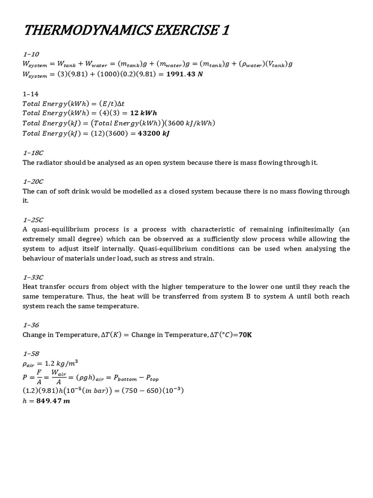 Thermodynamics Exercise 1 | PDF