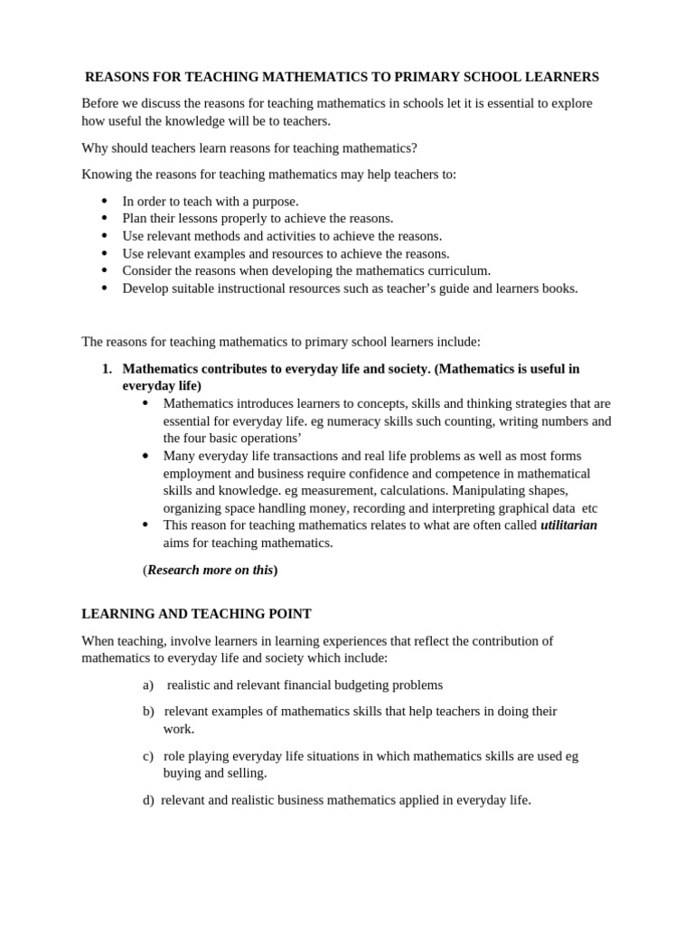 Reasons For Teaching Mathematics To Primary School Learners-1 | PDF ...