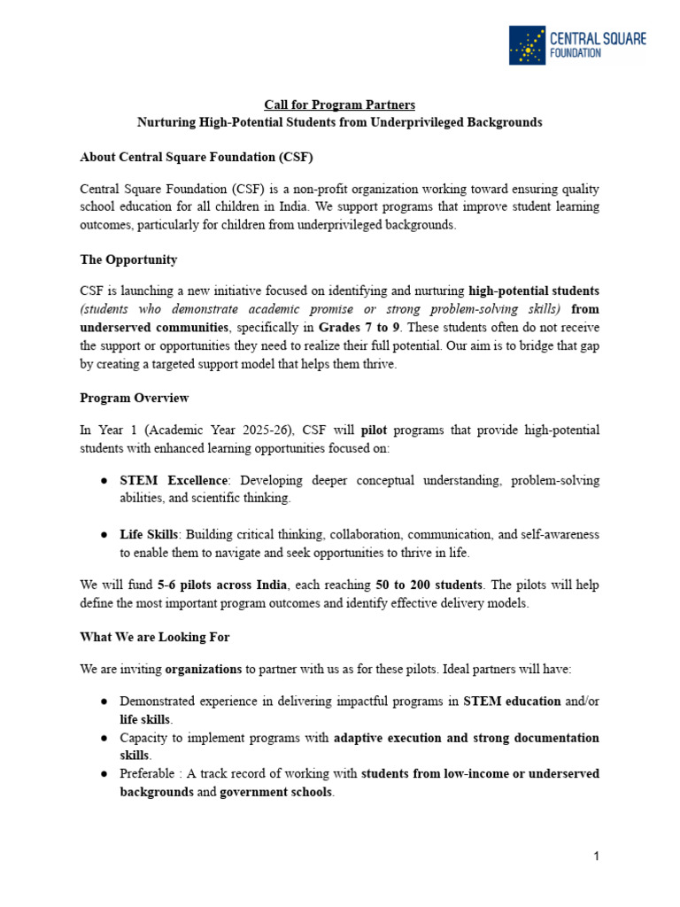CSF - Call For Program Partners - High Potential Workstream | PDF ...