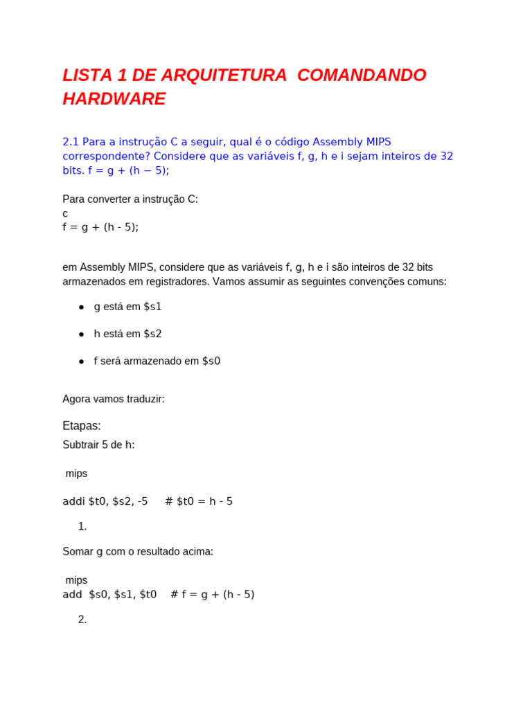 Código Assembly MIPS e Traduções C | PDF | Ponteiro (programação de ...