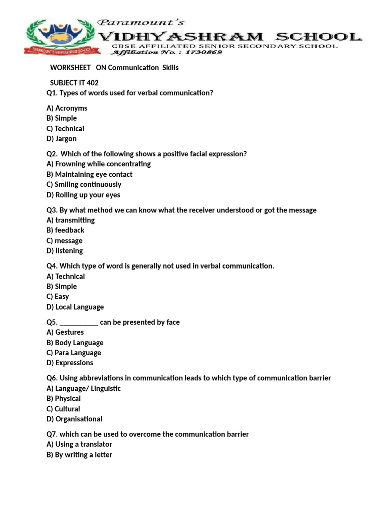 WORKSHEET ON Communication Skills | PDF | Communication | Nonverbal ...