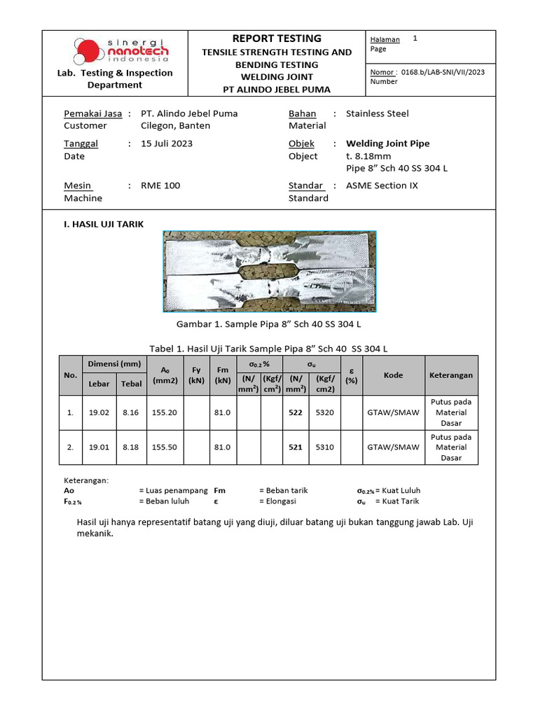 Welding Joint Strength Test Report | PDF | Pipe (Fluid Conveyance ...