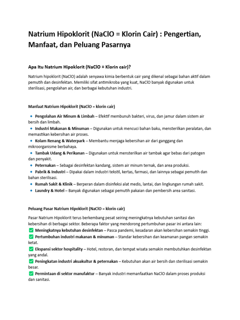 Manfaat dan Peluang Natrium Hipoklorit | PDF