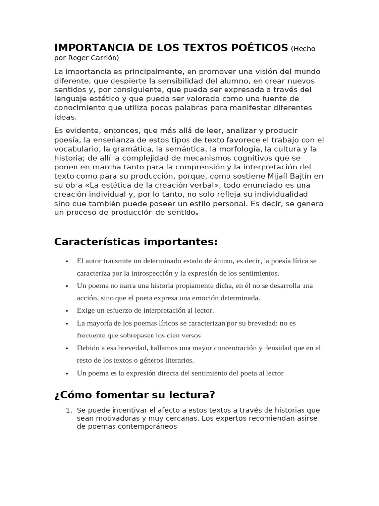 Importancia de los Textos Poéticos | PDF | Poesía | Educación en artes ...