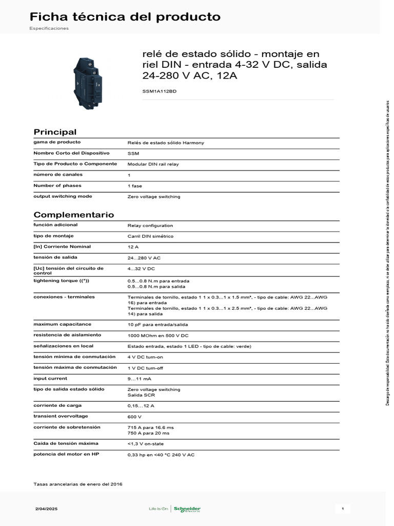 Schneider Electric Harmony Relés de Estado Sólido SSM1A112BD | PDF ...