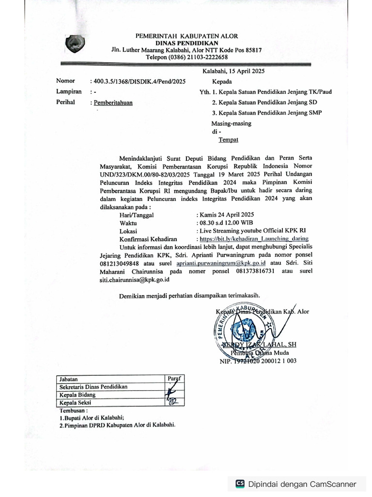 Surat Pemberitahuan Dari KPK RI | PDF