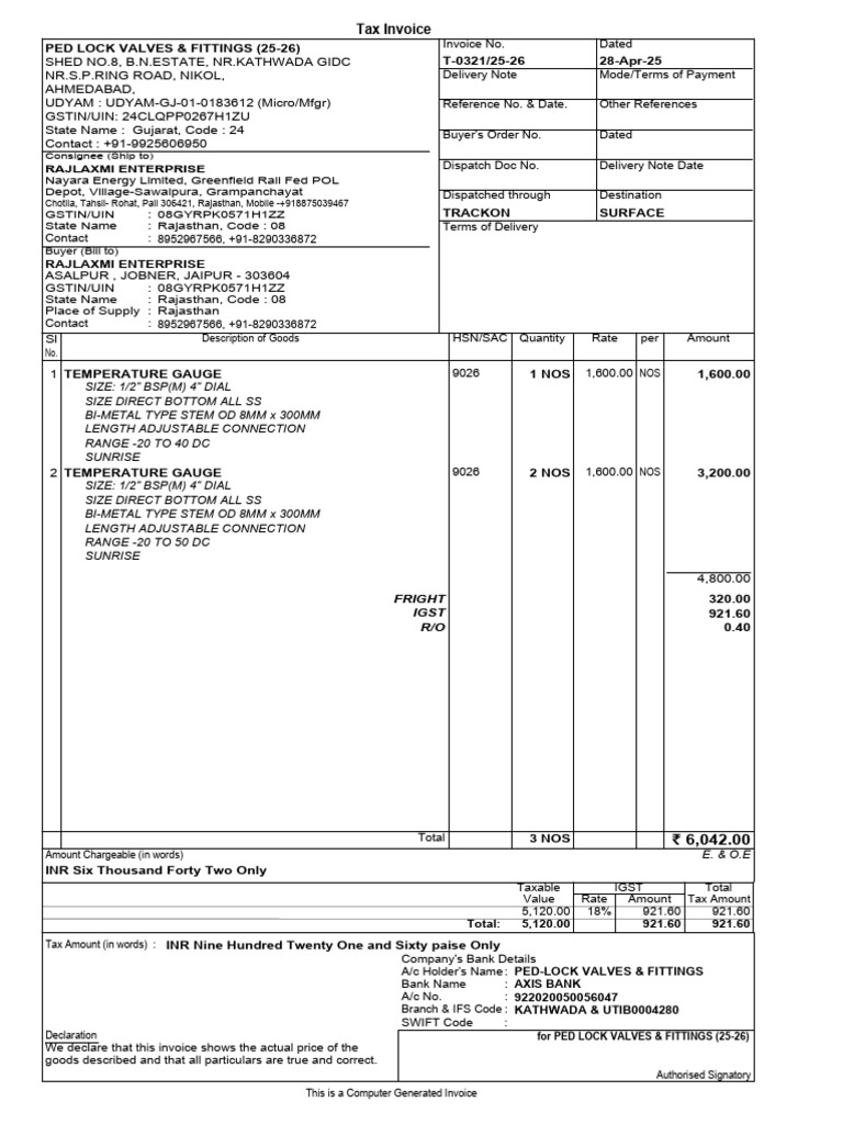 Tax Invoice for PED Lock Valves | PDF | Payments | Government Finances