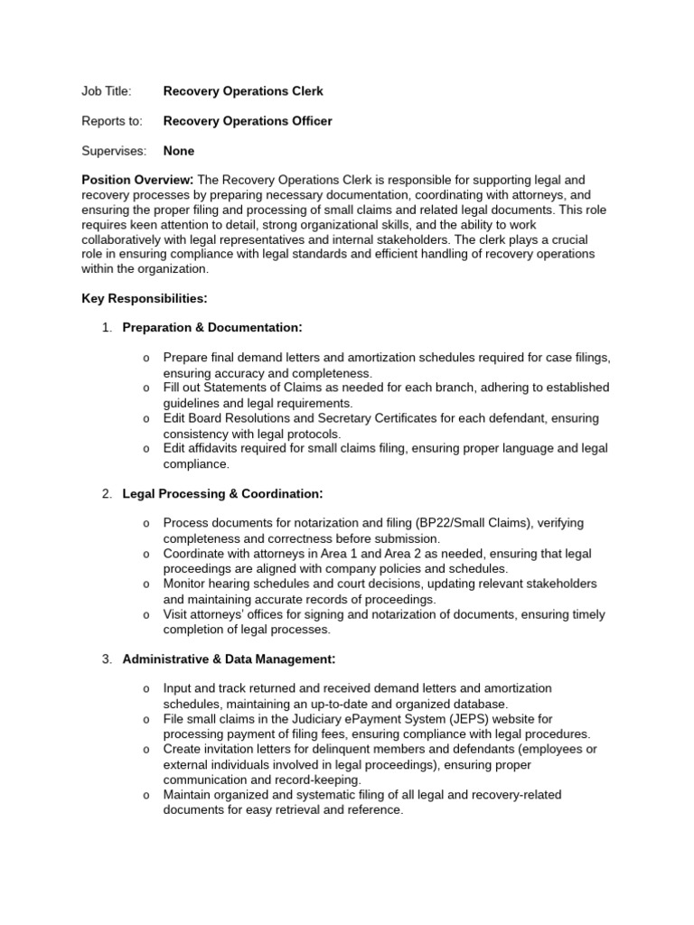 Recovery Operations Clerk Overview | PDF | Skill | Regulatory Compliance