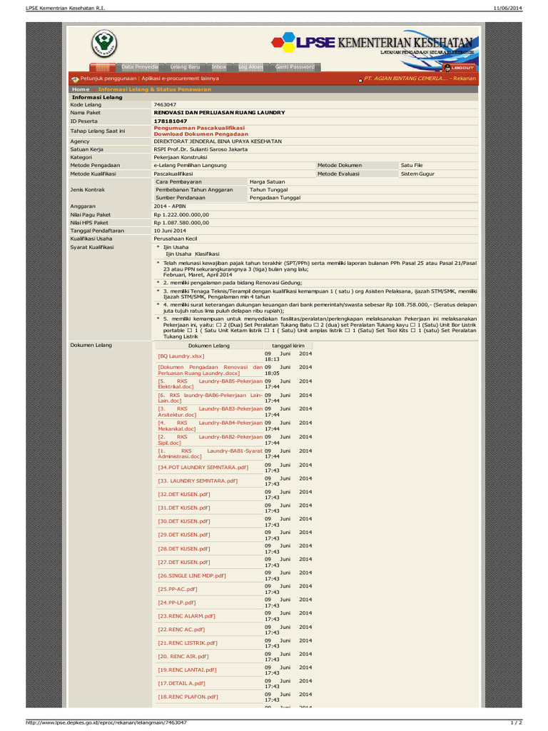 LPSE Kementrian Kesehatan RI RSJ Sulanti Suroso Rehab Laundr | PDF