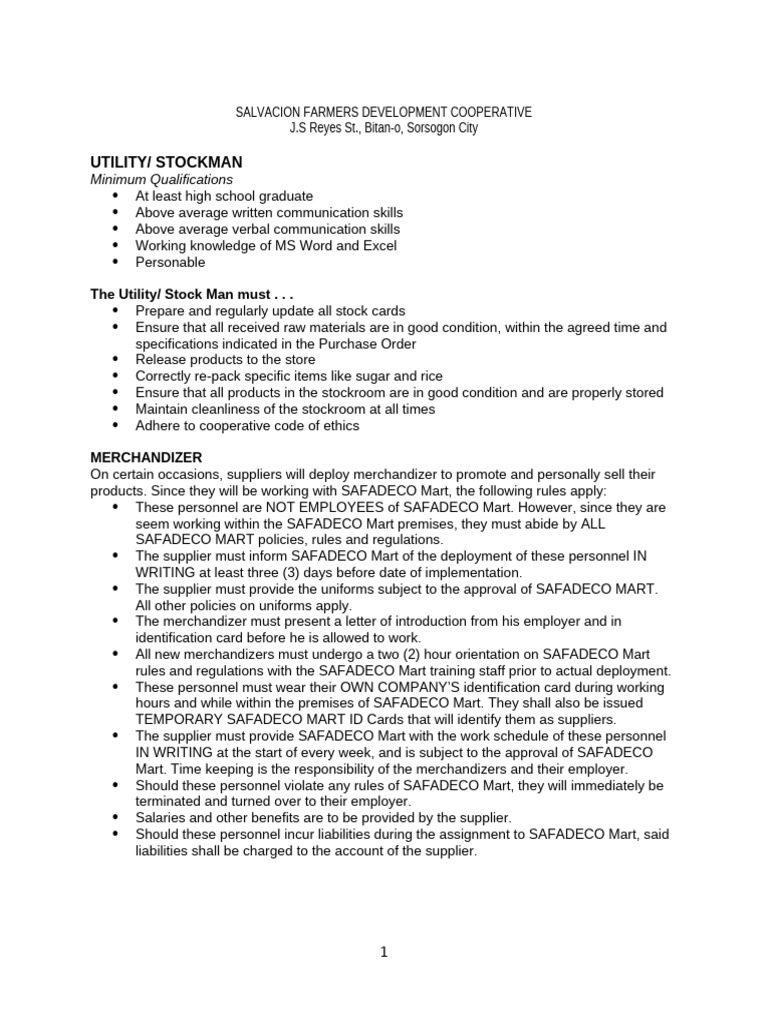 Ssor - Job Description COOP MART STOCKMAN | PDF | Mail