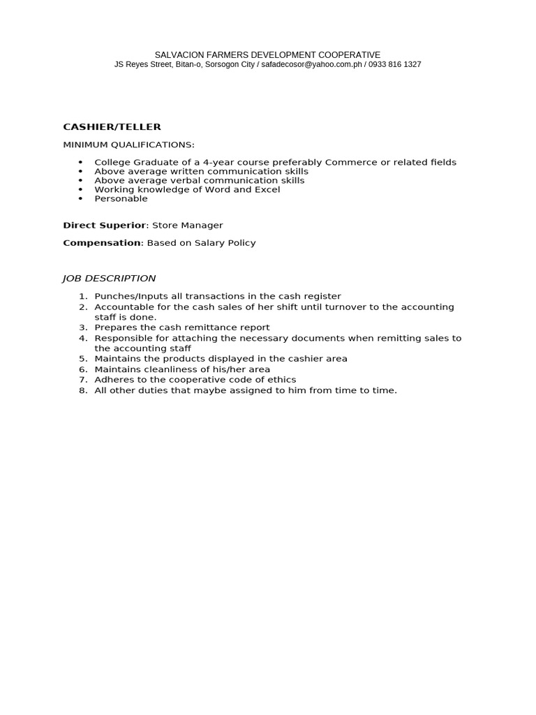 Ssor - Job Description COOPMART TELLER | PDF
