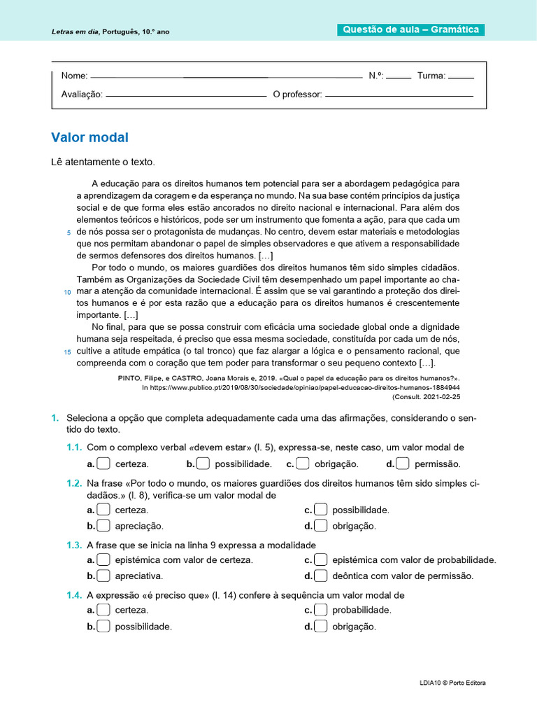 Ldia10 Questao Aula Valor Modal | PDF | Direitos Humanos | Pedagogia