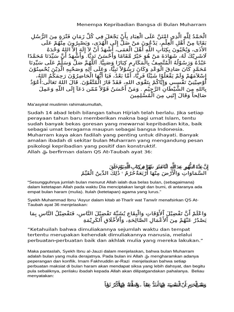 Menempa Kepribadian Bangsa di Bulan Muharram | PDF