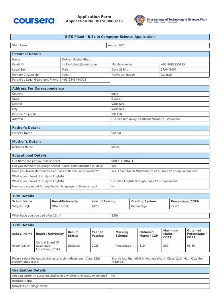 Application Form BITS00008239 | PDF