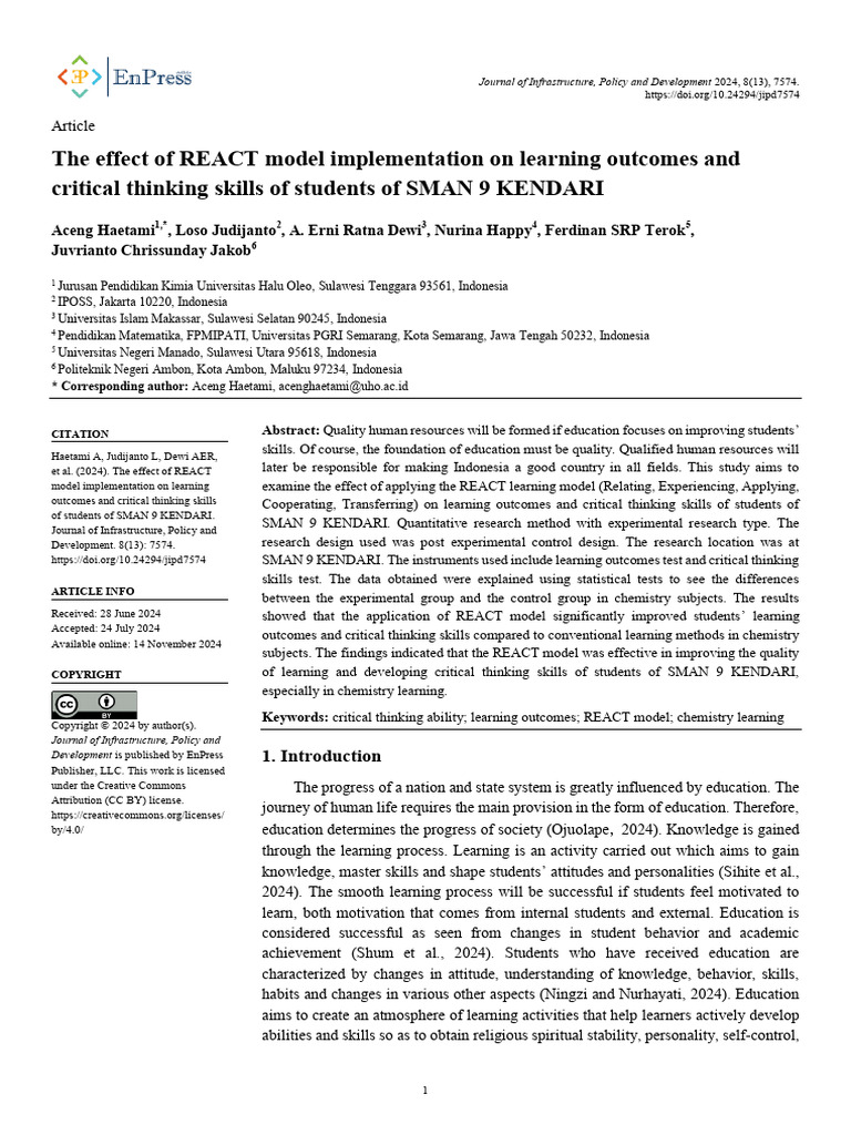 The Effect of REACT Model Implementation On Learning Outcomes and Critical Thinking Skills of ...