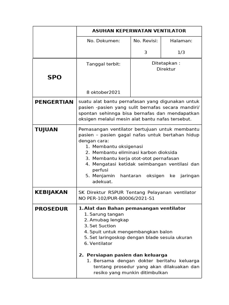 Contoh Spo ASUHAN KEPERWATAN VENTILATOR | PDF