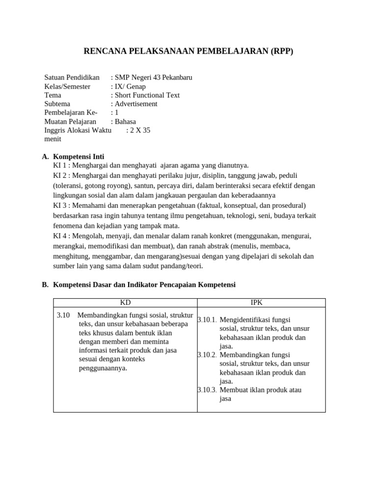 RPP Advertisement Kls 9 Problem Based Learning | PDF