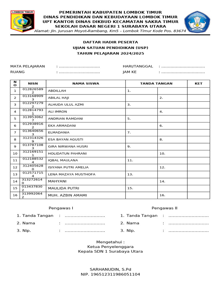 Daftar Hadir Peserta Ujian Sekolah | PDF