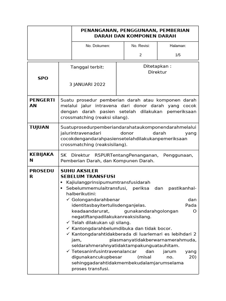 Contoh Spo PENANGANAN, PENGGUNAAN, PEMBERIAN DARAH DAN KOMPONEN DARAH | PDF