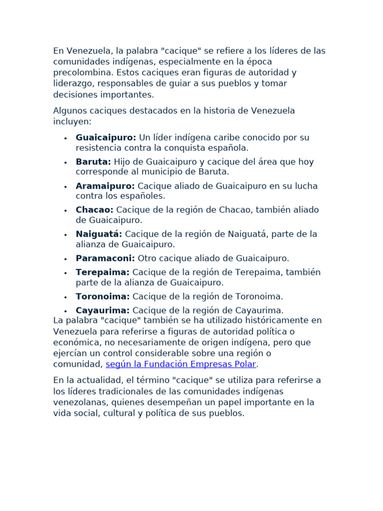 Caciques de Venezuela Resumen | PDF