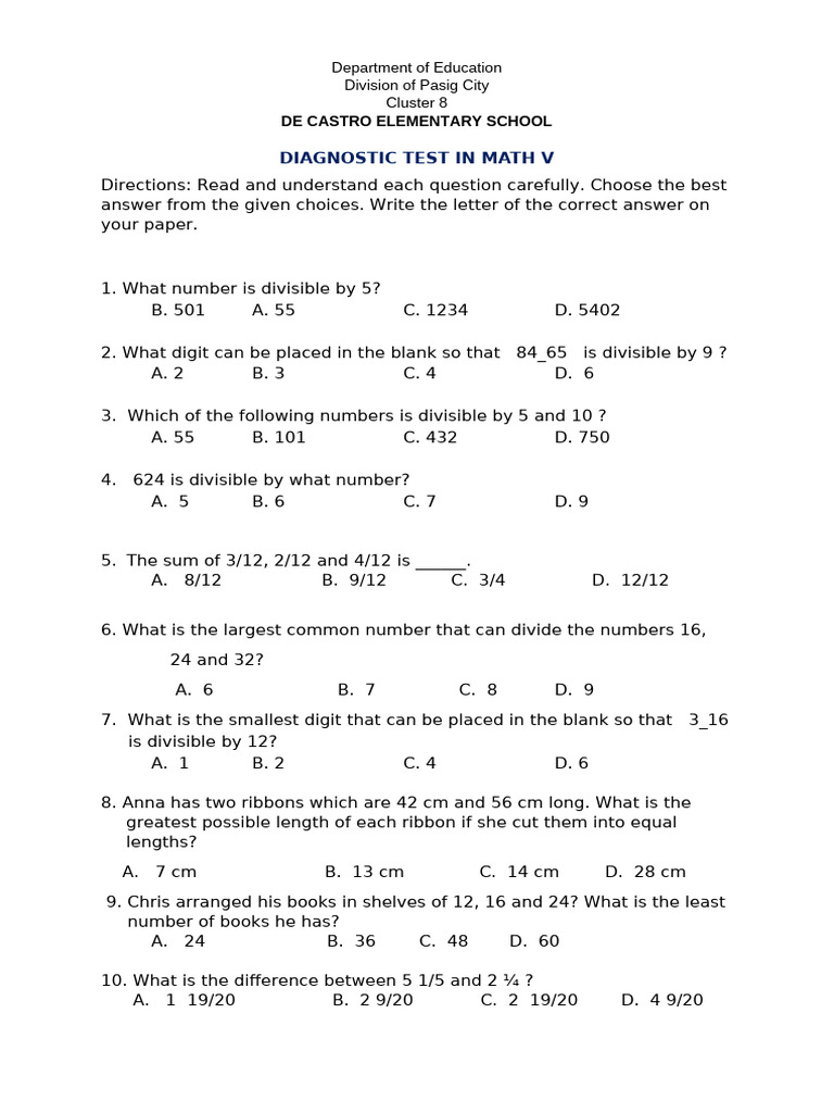 Diagnostic Test in Math 2022 2023 | PDF | Circle | Euclidean Geometry