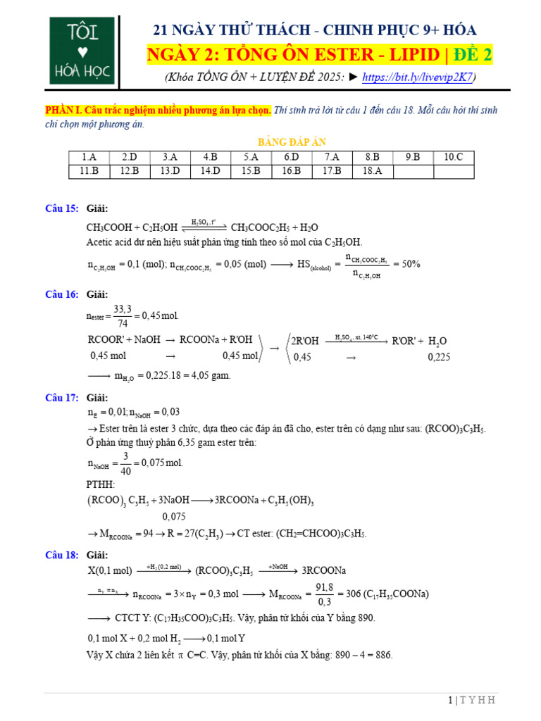 2.1 - TỔNG ÔN ESTER - LIPID - ĐỀ 2 (đáp án) | PDF