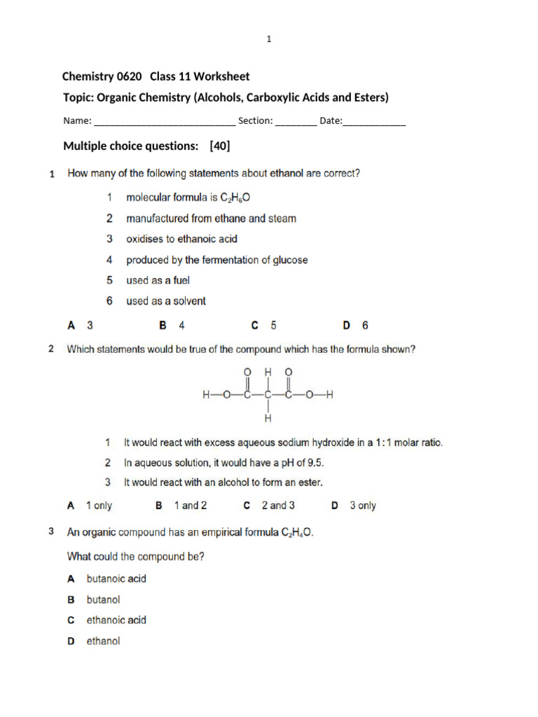 Alcohols, Caboxylic Acidsand Esters Worksheet | PDF