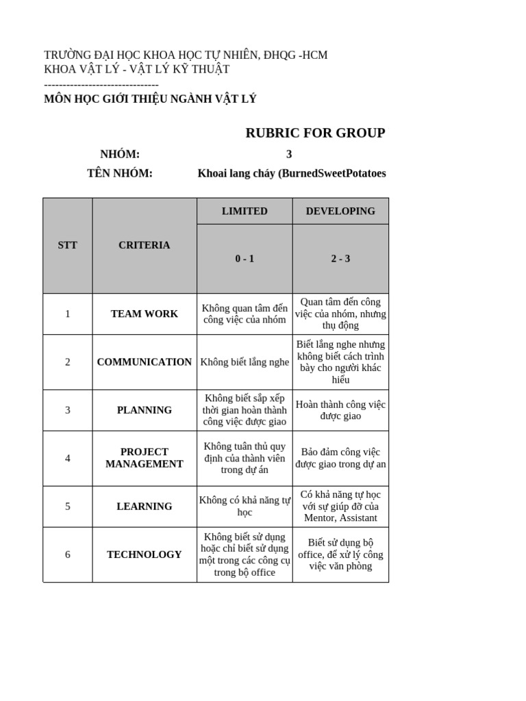 Nhóm 3 - Rubric Đánh Giá Nhóm | PDF