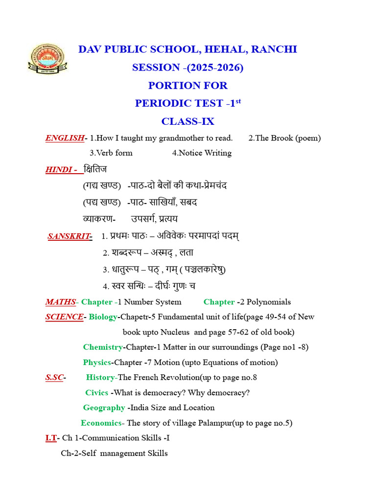 Portion For Periodic Test 1-IX (2025-26) | PDF