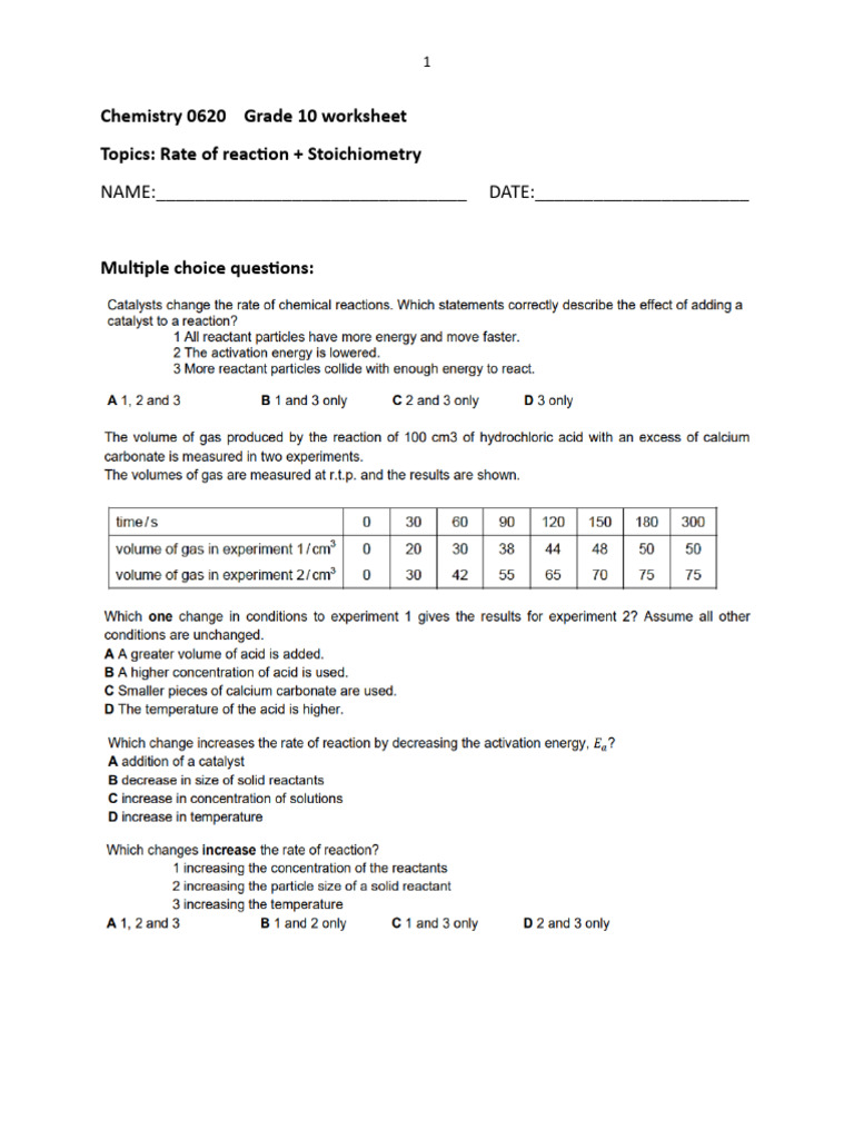 Rate of Reaction Worksheet G10 SI | PDF
