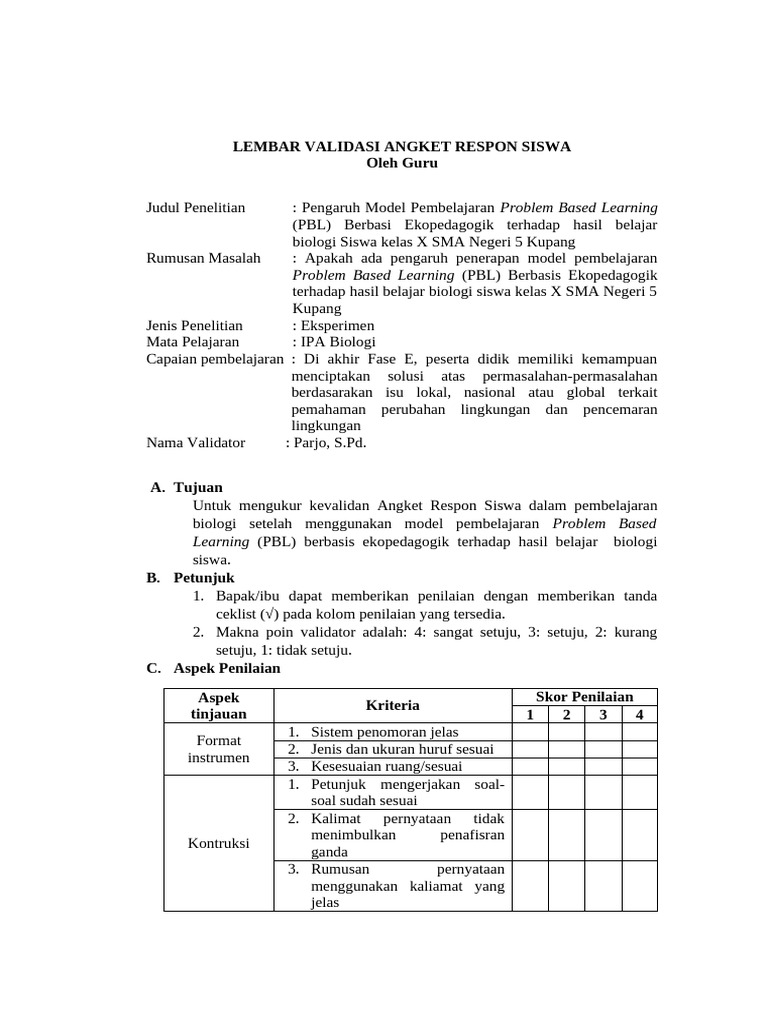 Lembar Val. Angket Respon. Guru | PDF
