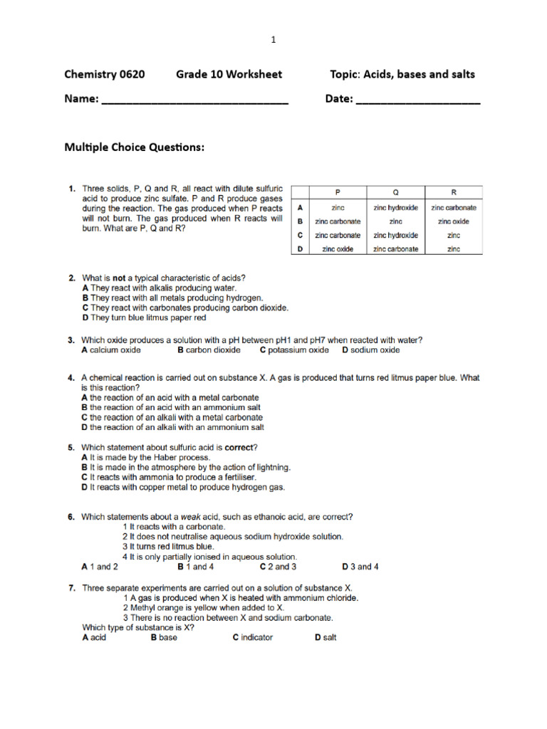 Grade 10 Worksheet Acids, Basesandsalts | PDF