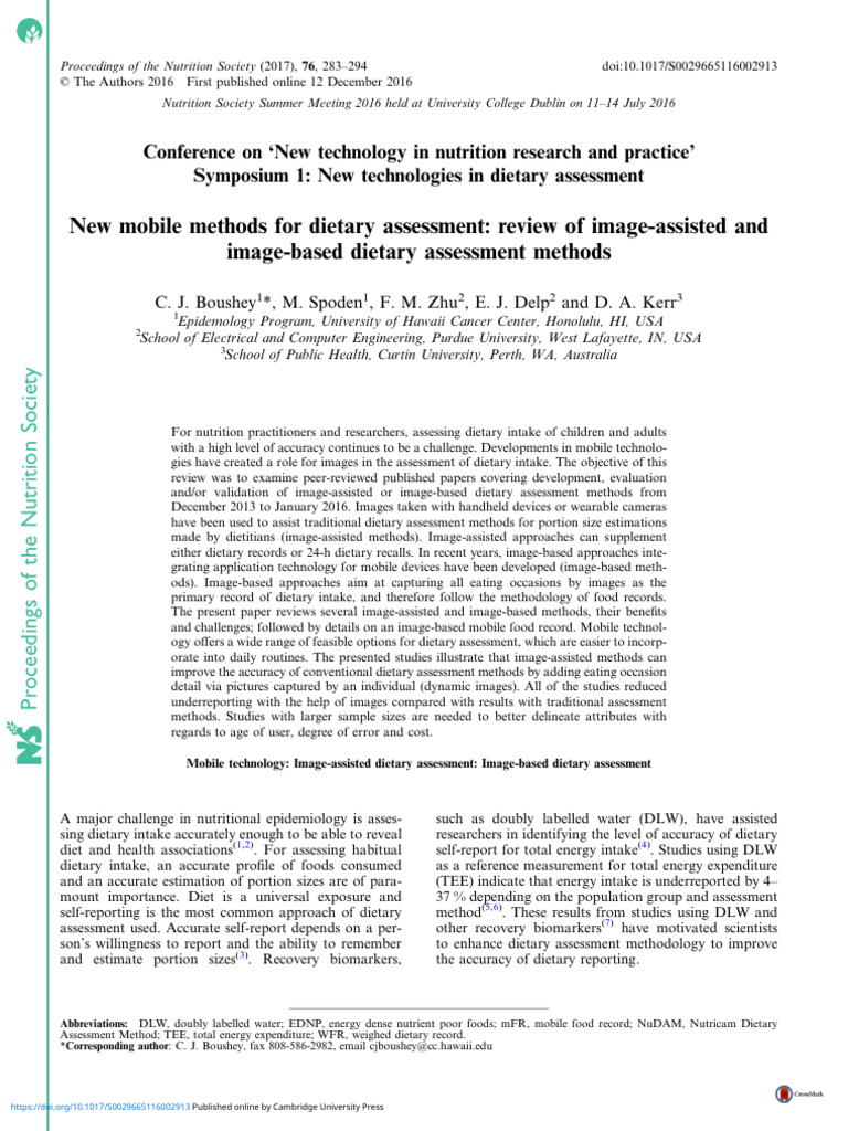 New Mobile Methods For Dietary Assessment - Review of Image-Assisted and Image-Based Dietary ...