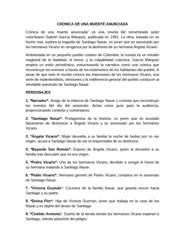 Crónica de una muerte anunciada | PDF