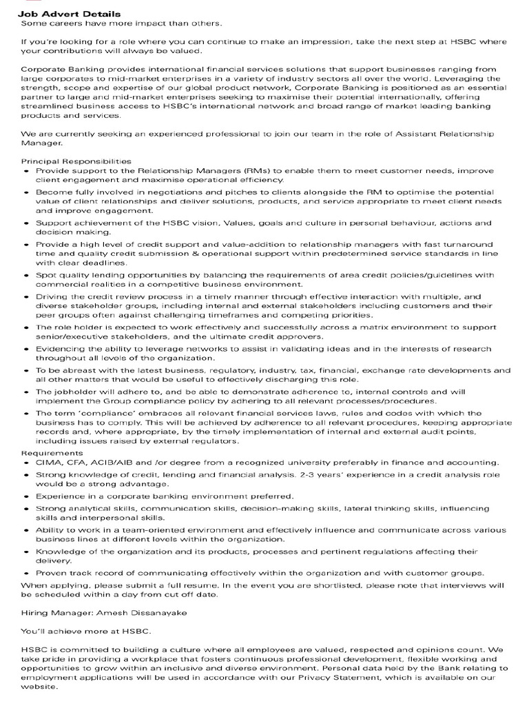 Assistant Relationship Manager HSBC | PDF