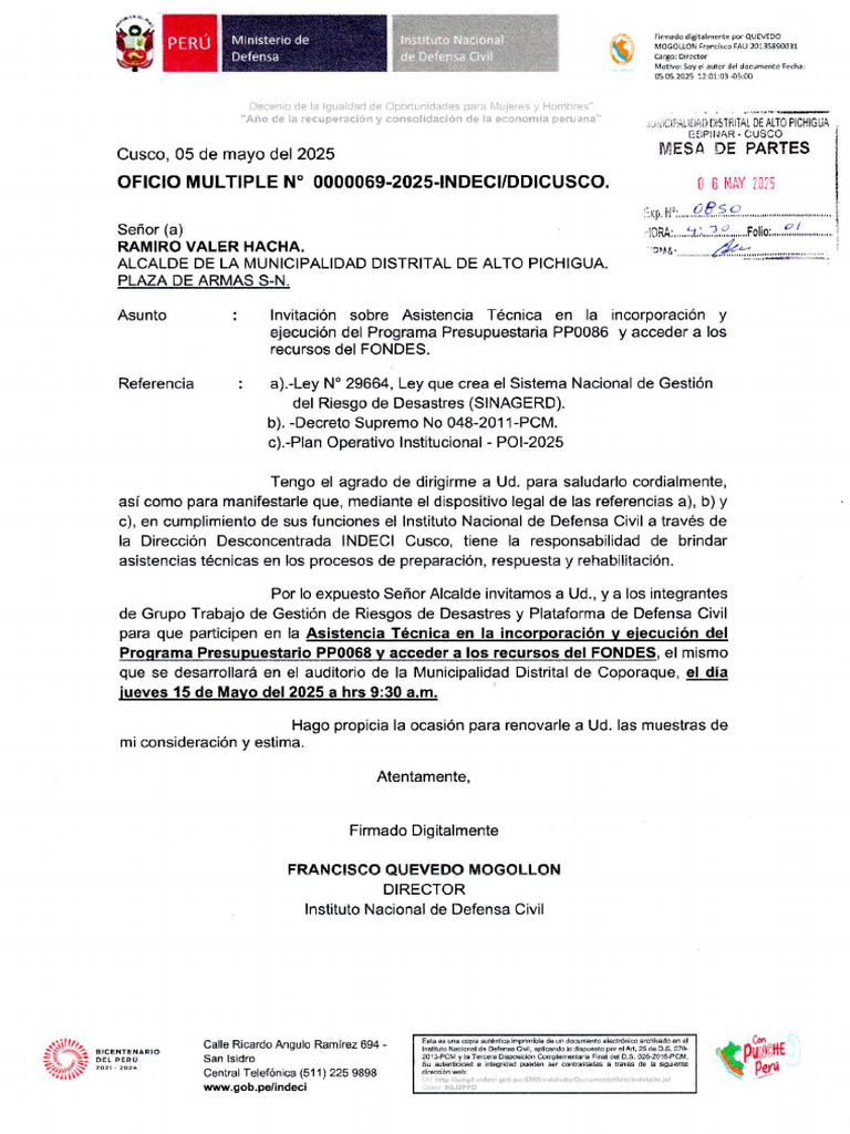 Oficio Mult. #000069-2025-Indeci-Ddicusco | PDF