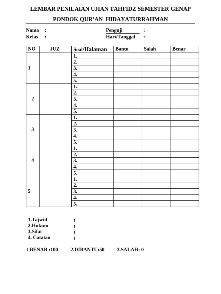 Lembar Penilaian Ujian Tahfidz Semester Ganjil (Autosaved) | PDF
