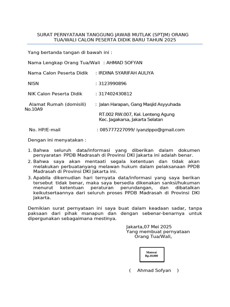 Surat Pernyataan Pertanggung Jawaban Mutlak Tentang Keabsahan Dokumen Dari Orang Tua Peserta ...