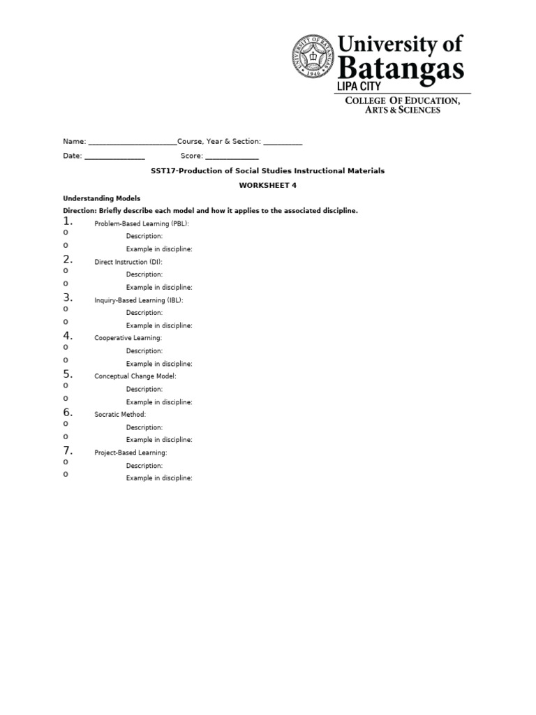 WORKSHEET 4 SST17 Teaching Models Associated With Subject ...