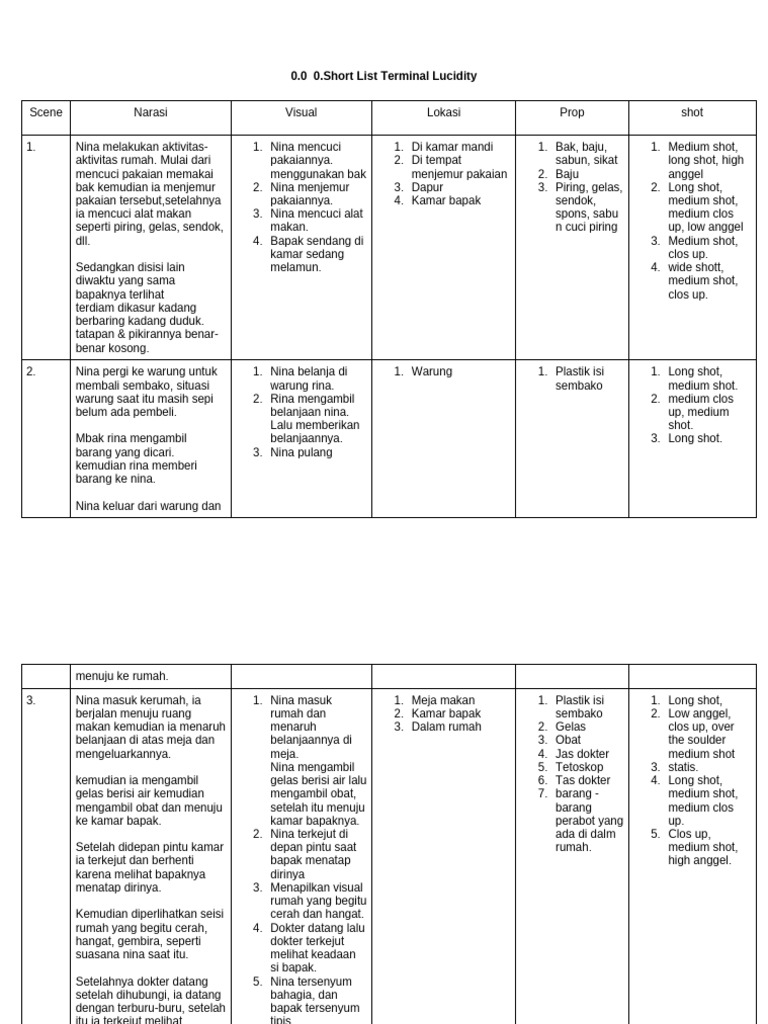 Shot List Terminal Lucidity | PDF