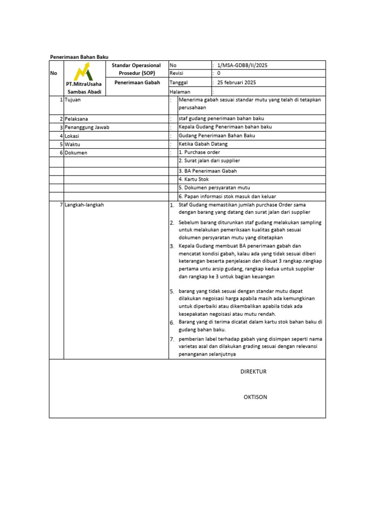 SOP Penerimaan Gabah Bahan Baku | PDF