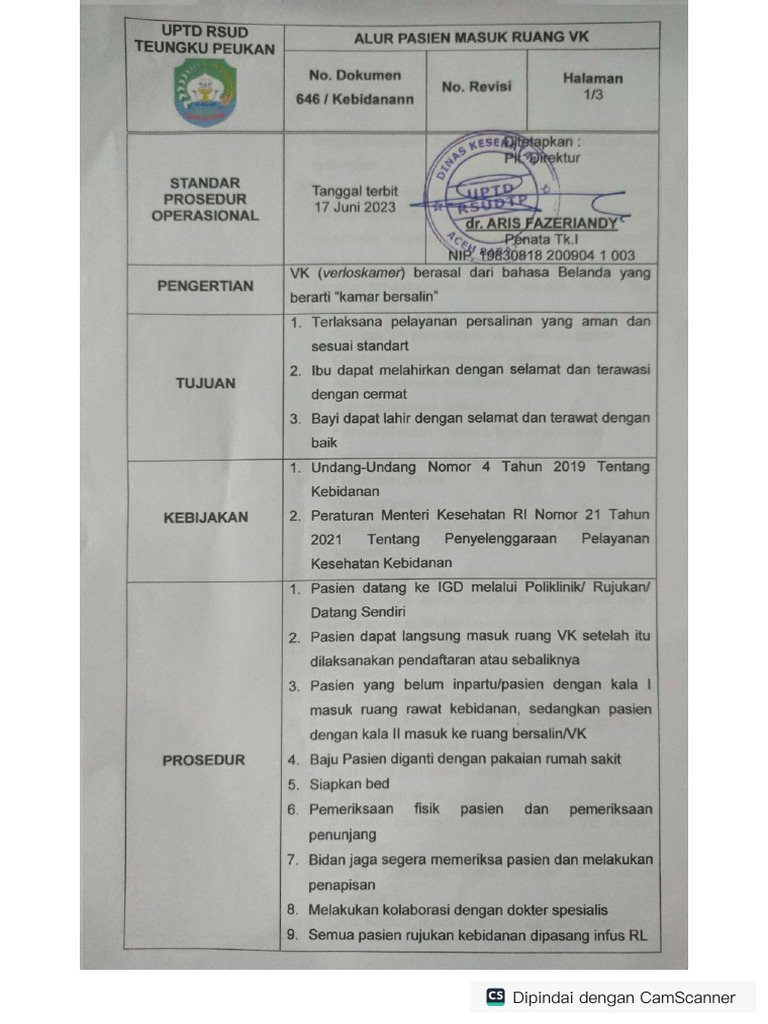 SOP OBGYN-ALUR PASIEN MASUK RUANG VK | PDF